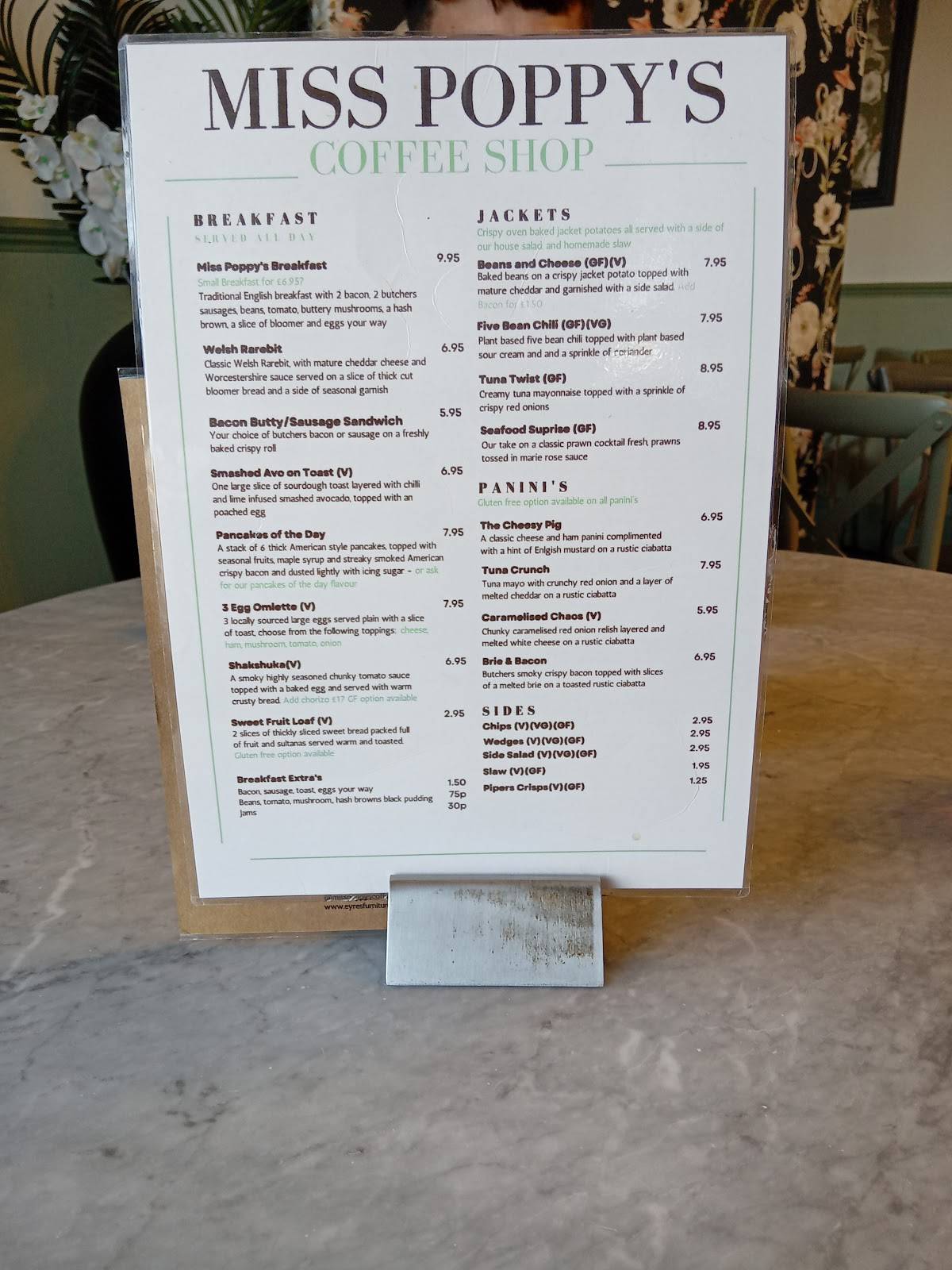 Menu at Miss Poppy's Coffee Shop cafe, Worksop