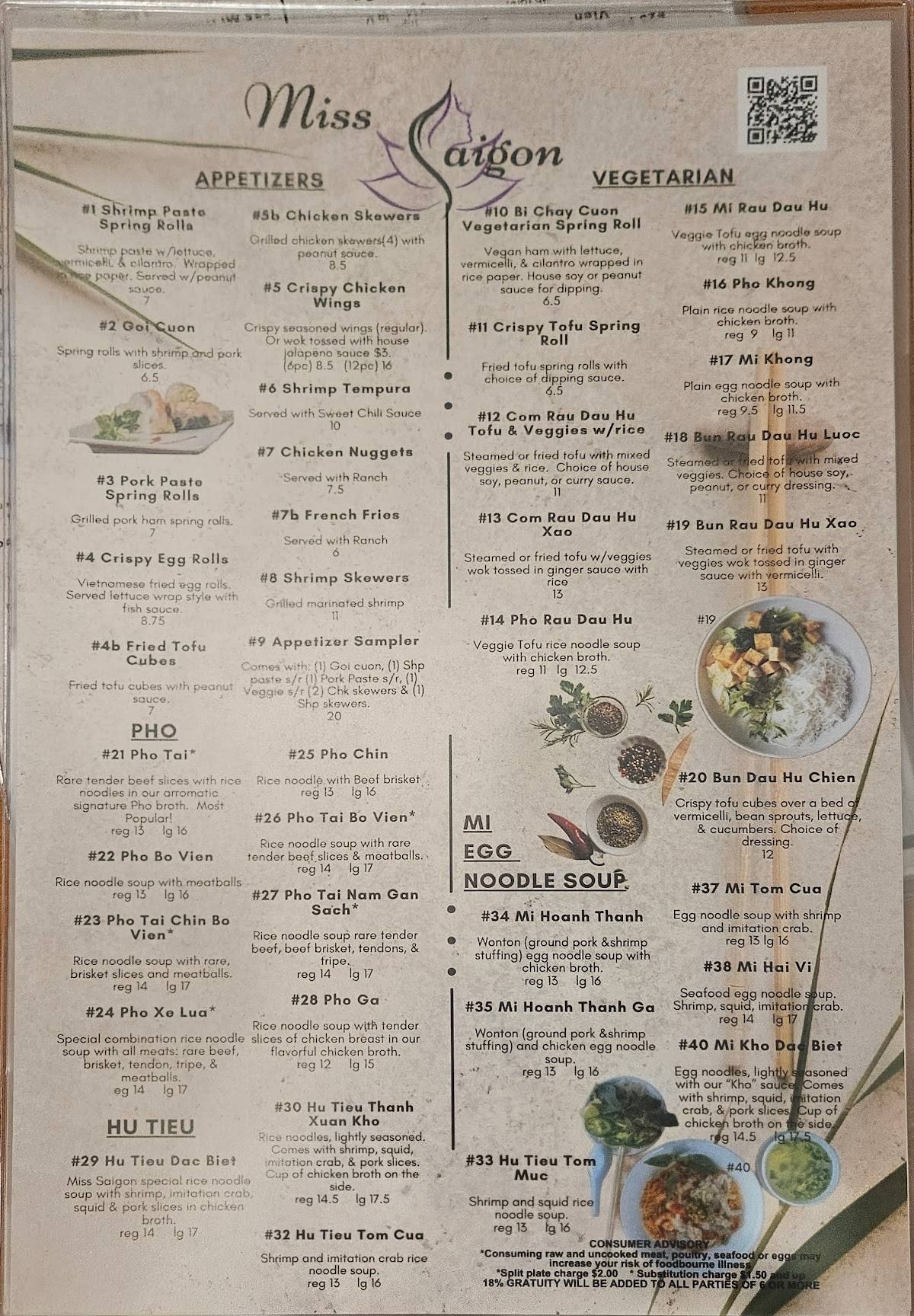 Menu at Miss Saigon restaurant, Tucson, N Campbell Ave