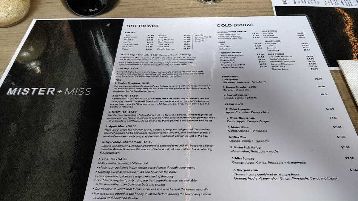 Menu at Mister and Miss cafe, Mont Albert