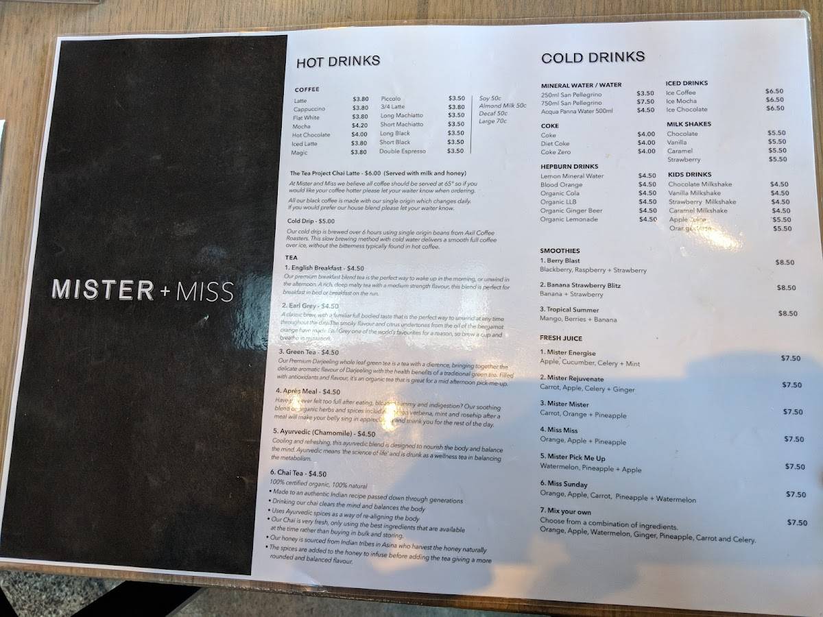 Menu at Mister and Miss cafe, Mont Albert