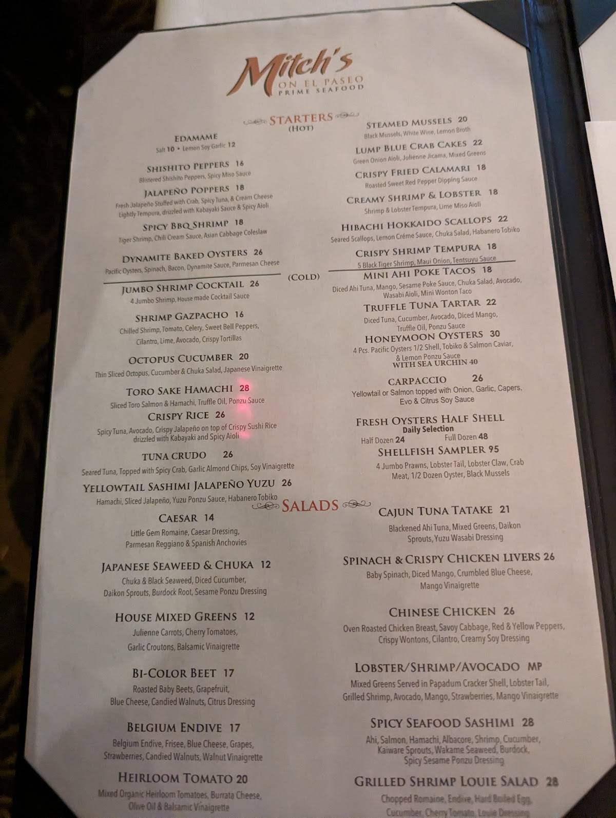 Menu at Mitch's on El Paseo restaurant, Palm Desert