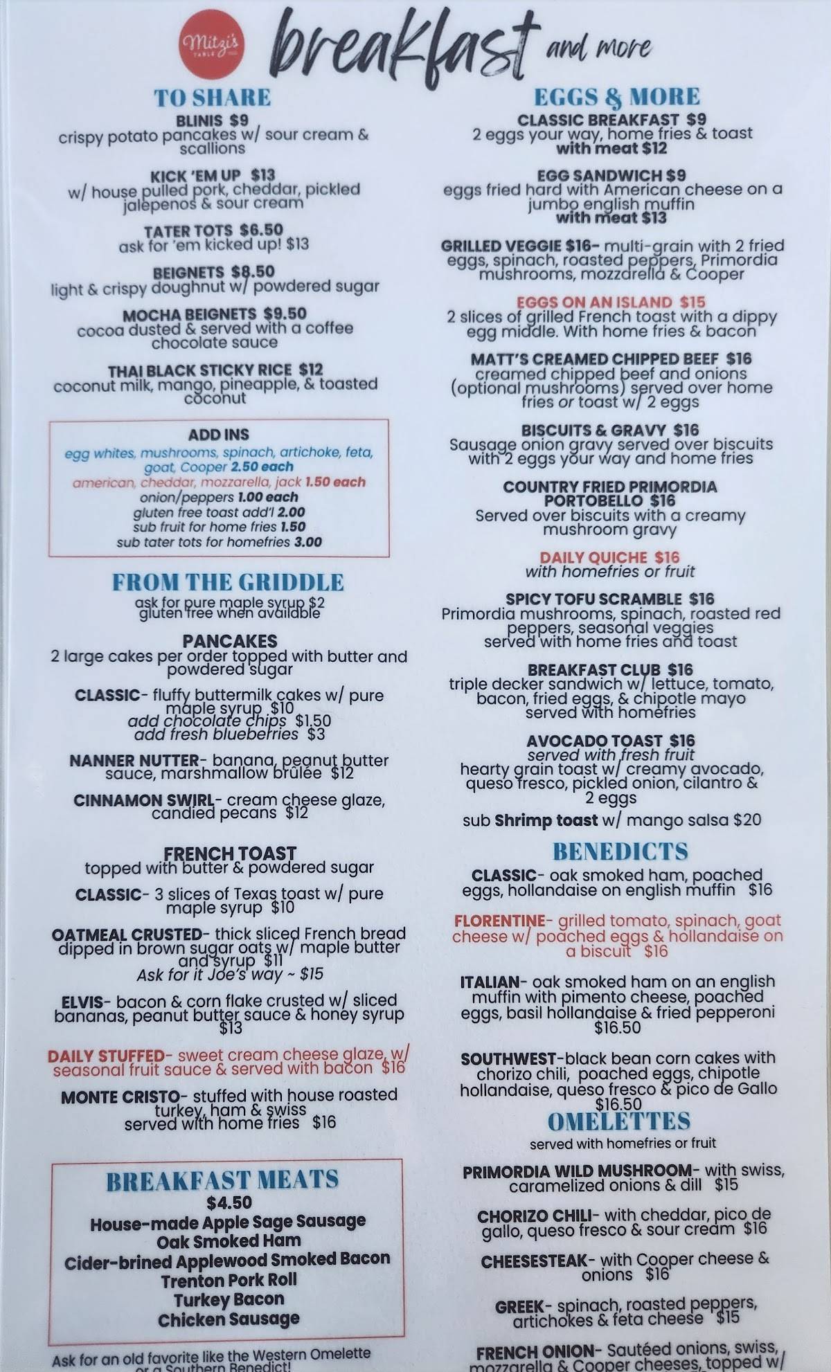 Menu at Mitzi's Table restaurant, Bethlehem