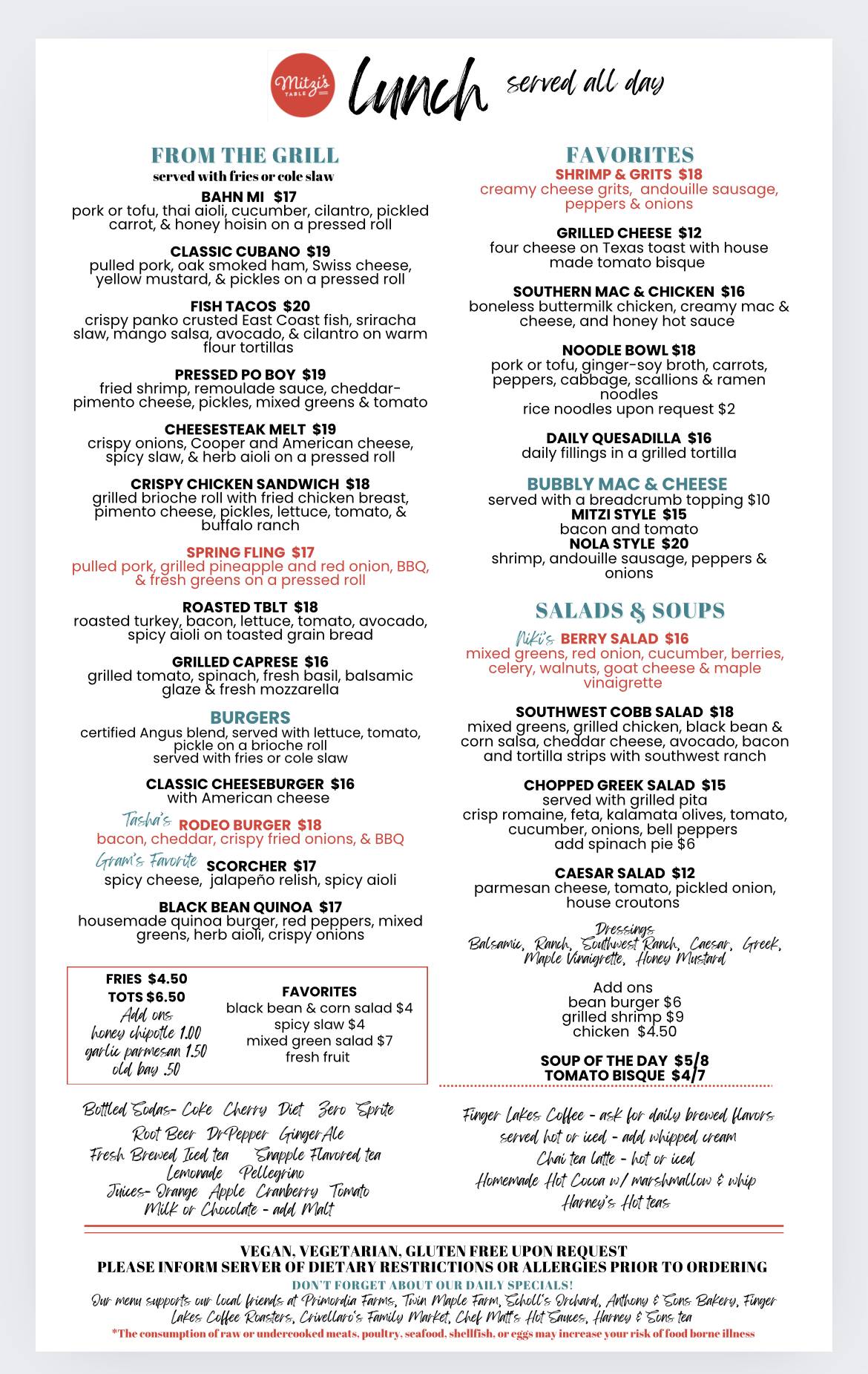 Menu at Mitzi's Table restaurant, Bethlehem