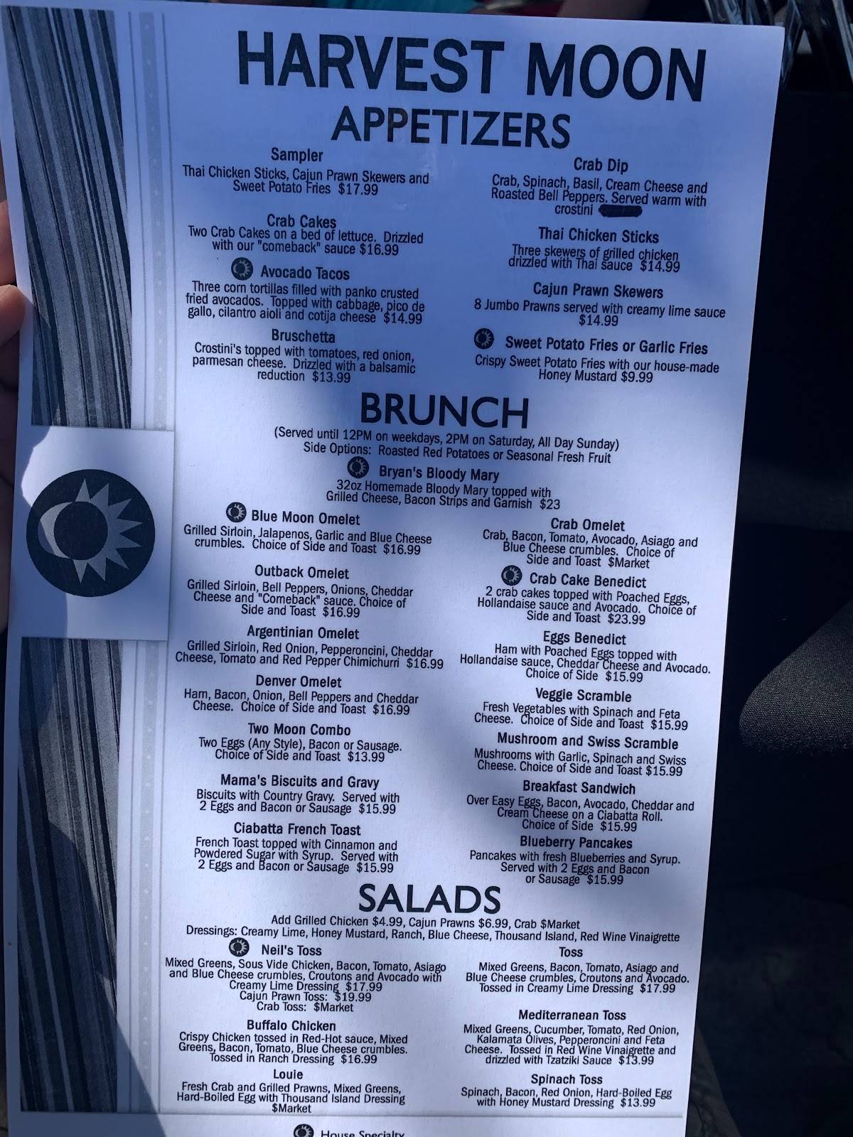 Menu at Harvest Moon restaurant, Modesto