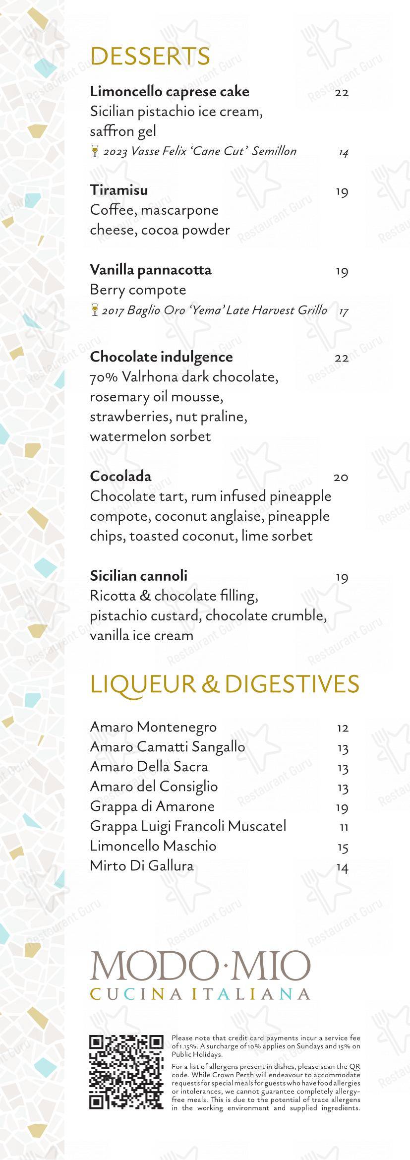 Menu at Modo Mio restaurant, Burswood, Crown Perth