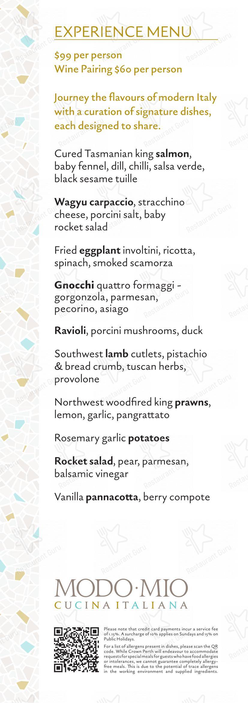 Menu at Modo Mio restaurant, Burswood, Crown Perth