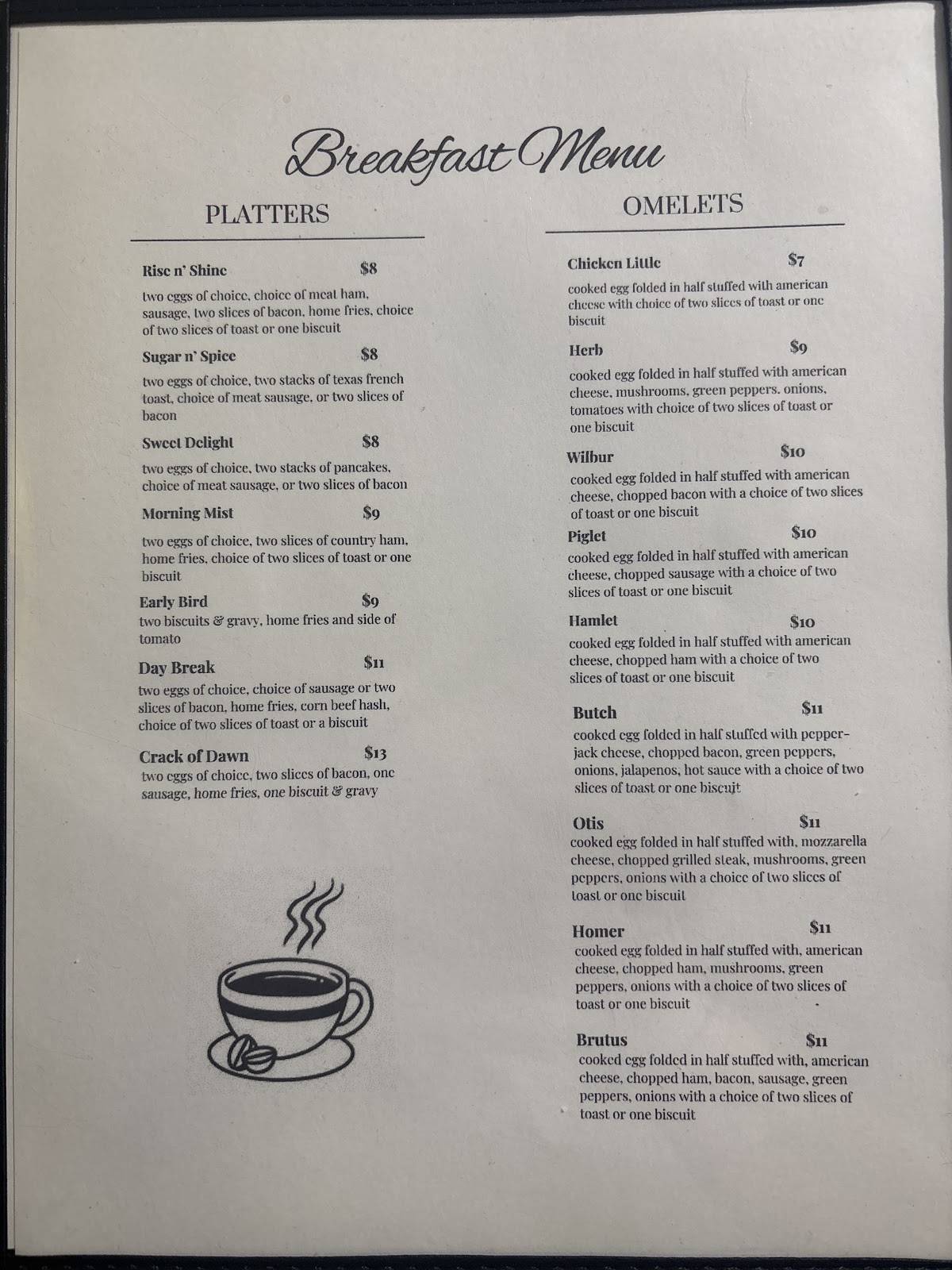Menu at Momma Joan's Diner restaurant, Gap Mills