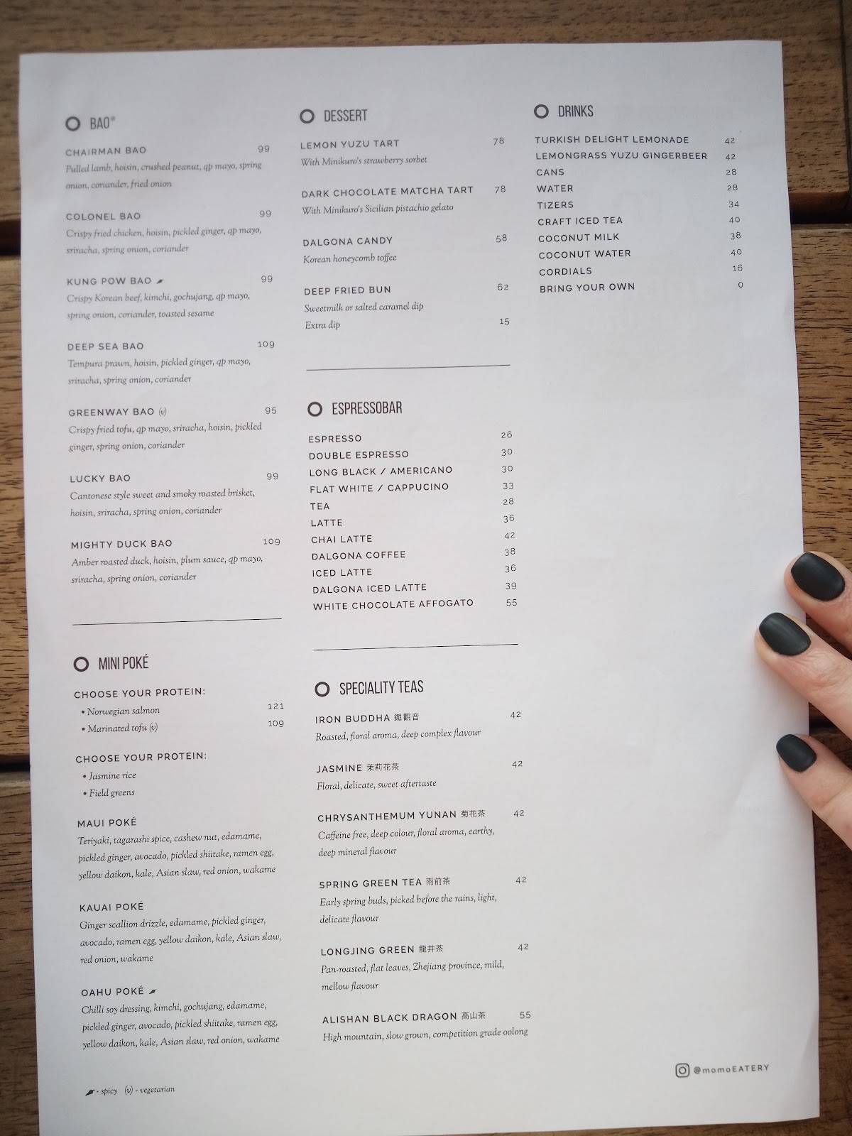 Menu at Momo Kuro restaurant, Johannesburg