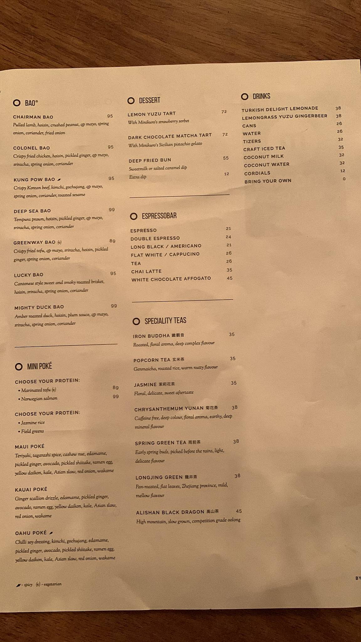 Menu at Momo Kuro restaurant, Johannesburg