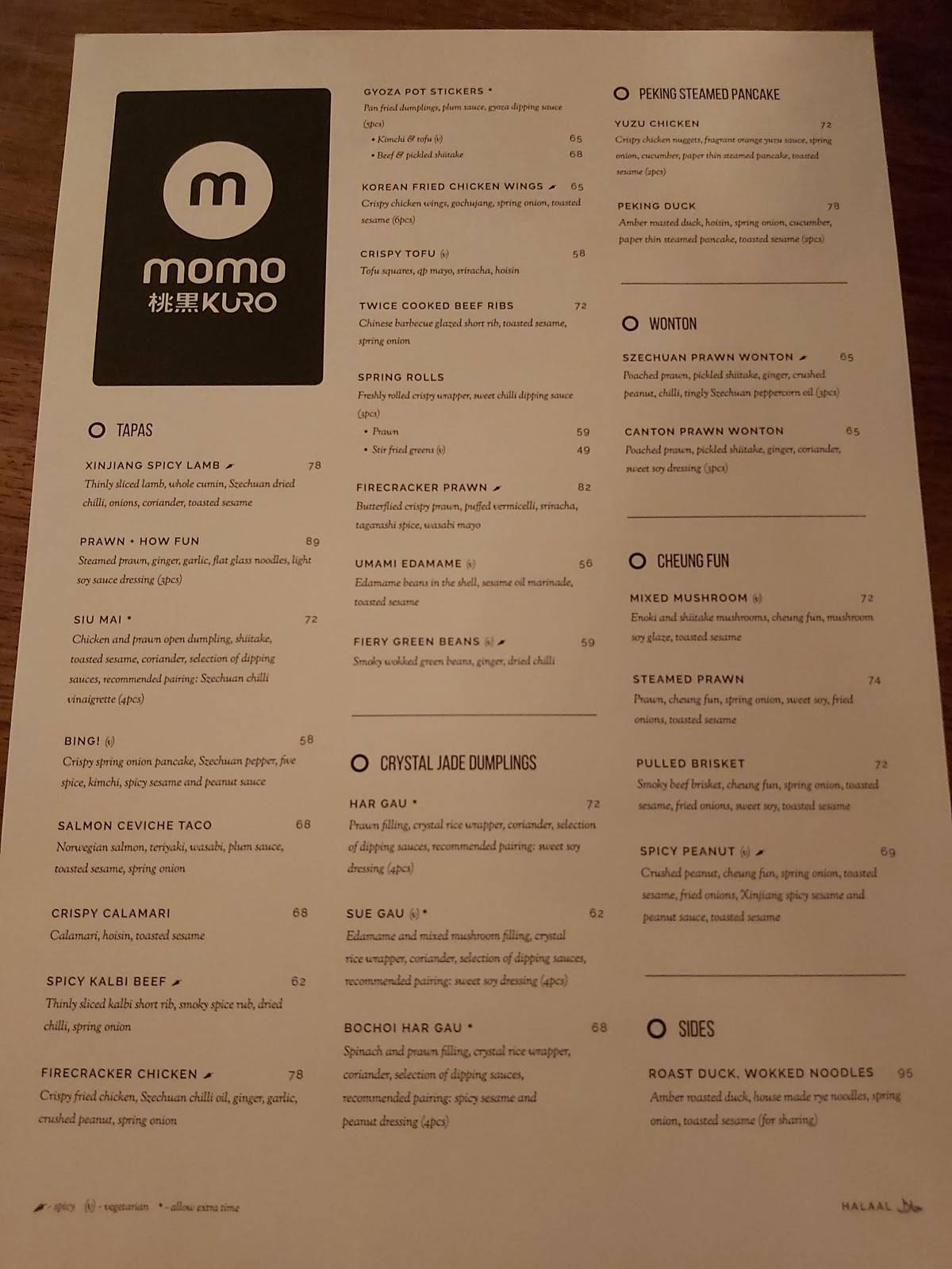 Menu at Momo Kuro restaurant, Johannesburg