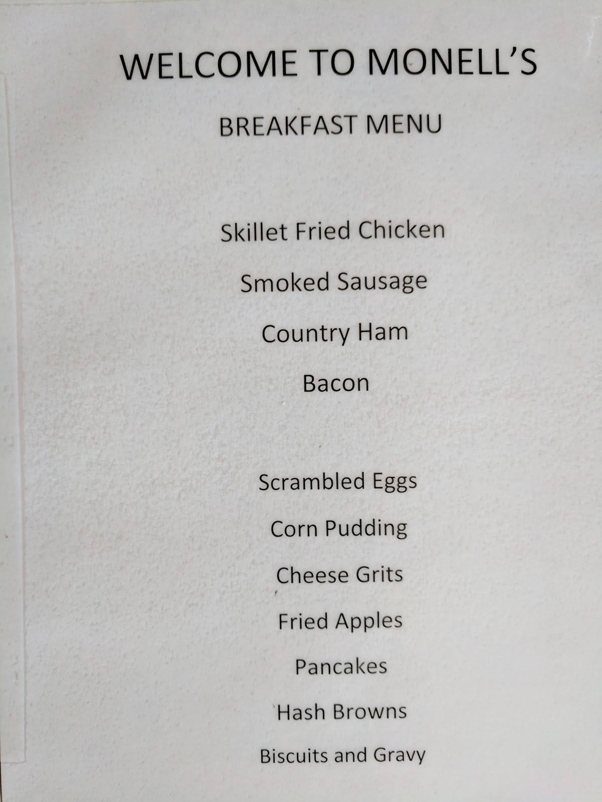 Menu at Monell's At the Manor restaurant, Nashville