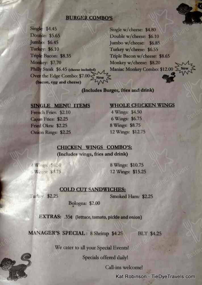 Menu at Monkey Burger fast food, Little Rock