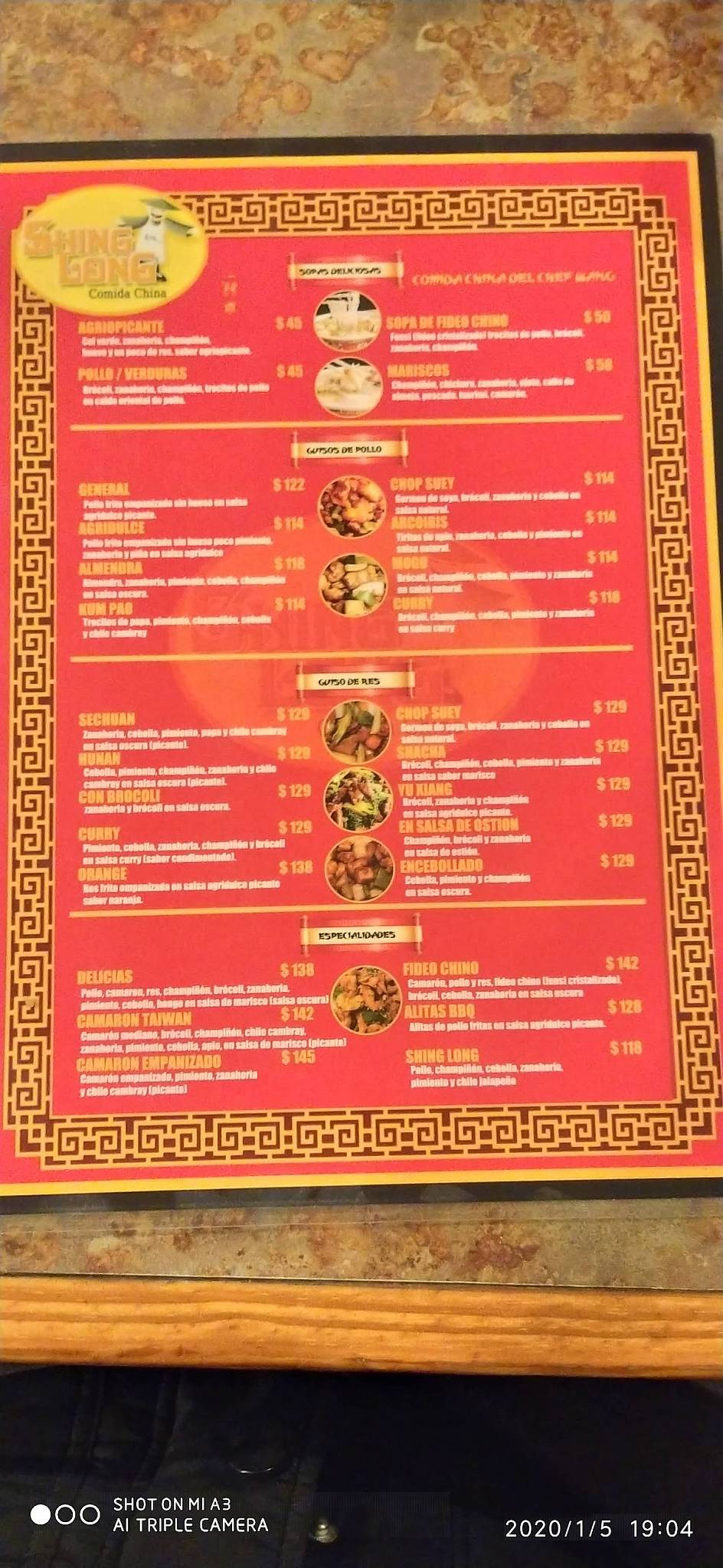 Carta del restaurante Shing Long, Monterrey, Av. Revolución 3448