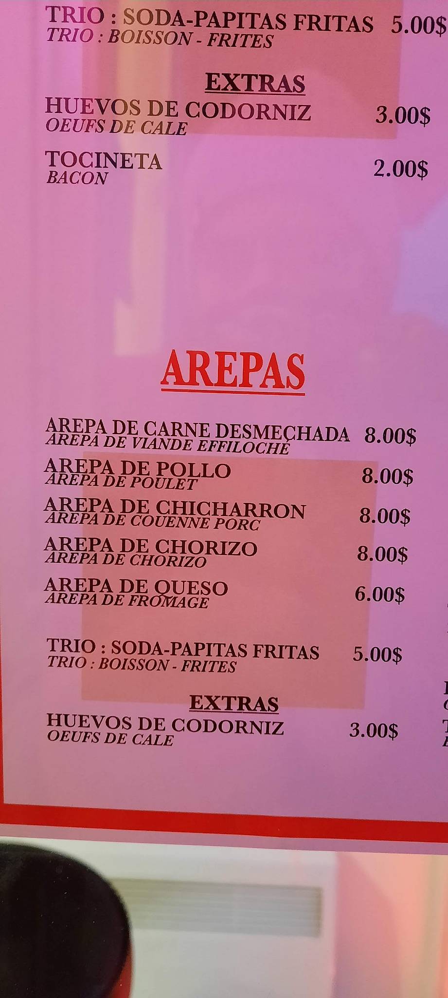 Menu au Los Perros calientes Montreal restaurant, Montréal