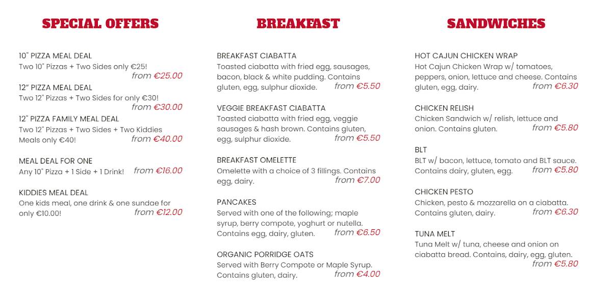 Menu at Moody Rooster Cafe, Blessington