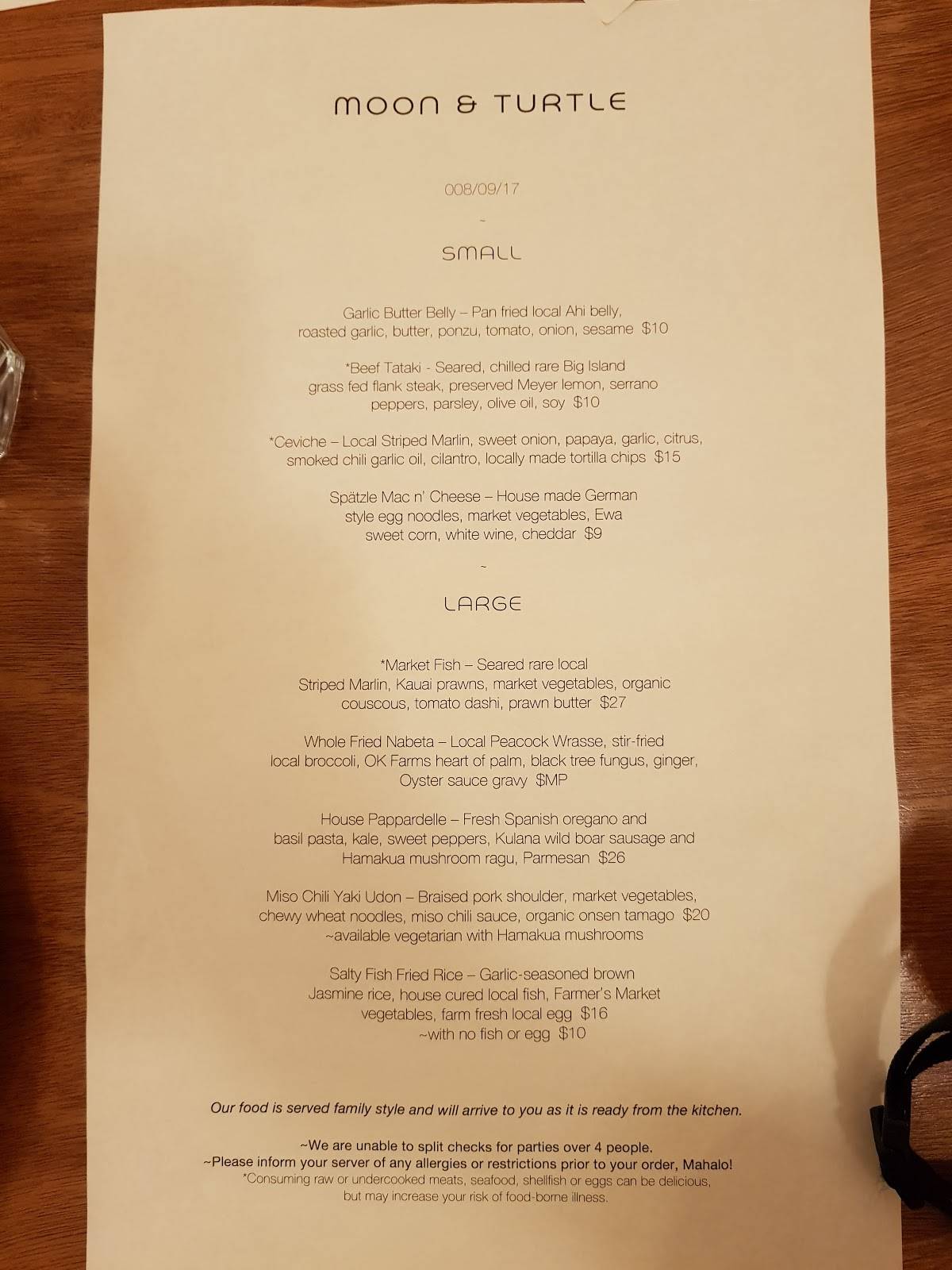 Menu at Moon and Turtle pub & bar, Hilo