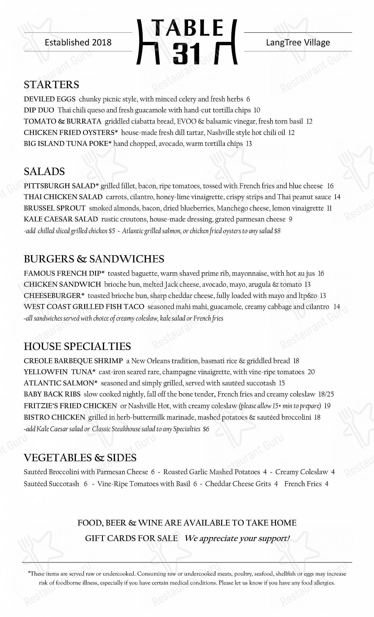 Menu at Table 31 restaurant, Mooresville