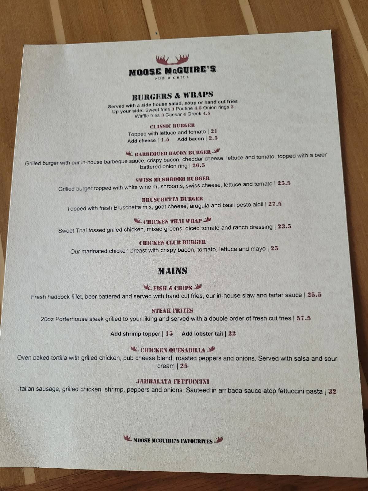 Menu at Moose McGuire's Brockville pub & bar, Brockville