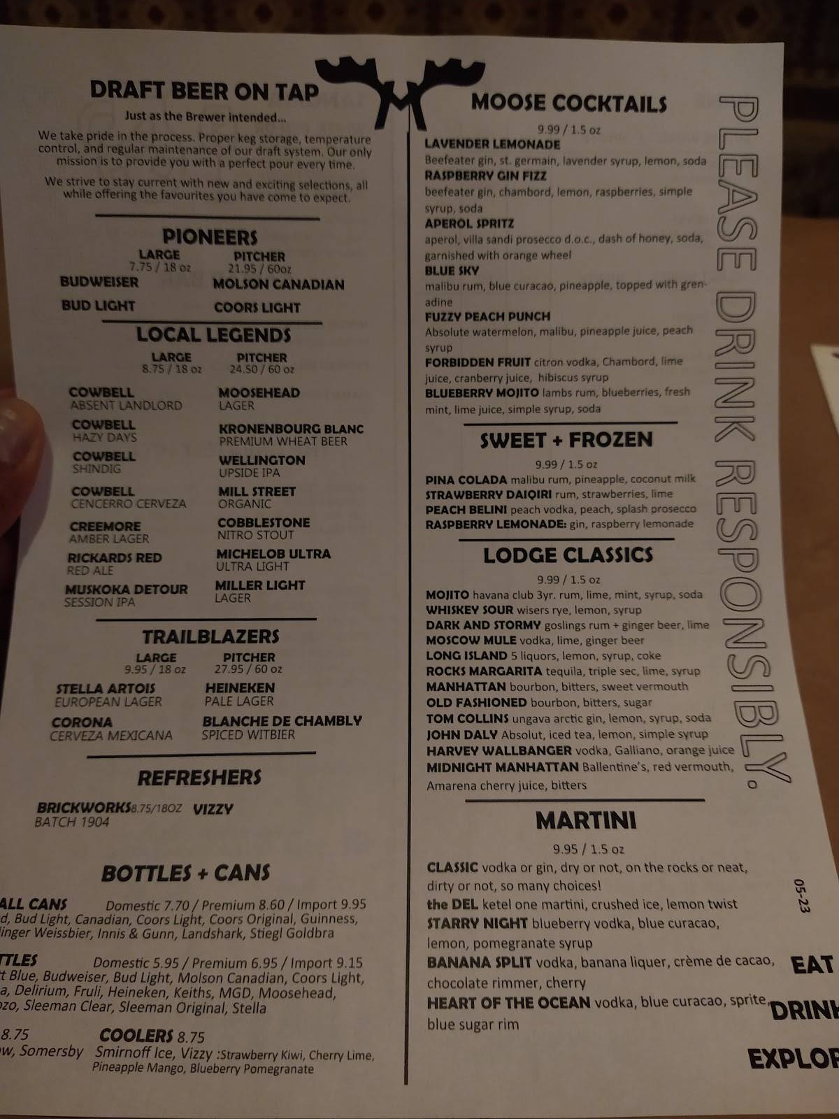 Menu at Moose Winooski's pub & bar, Kitchener