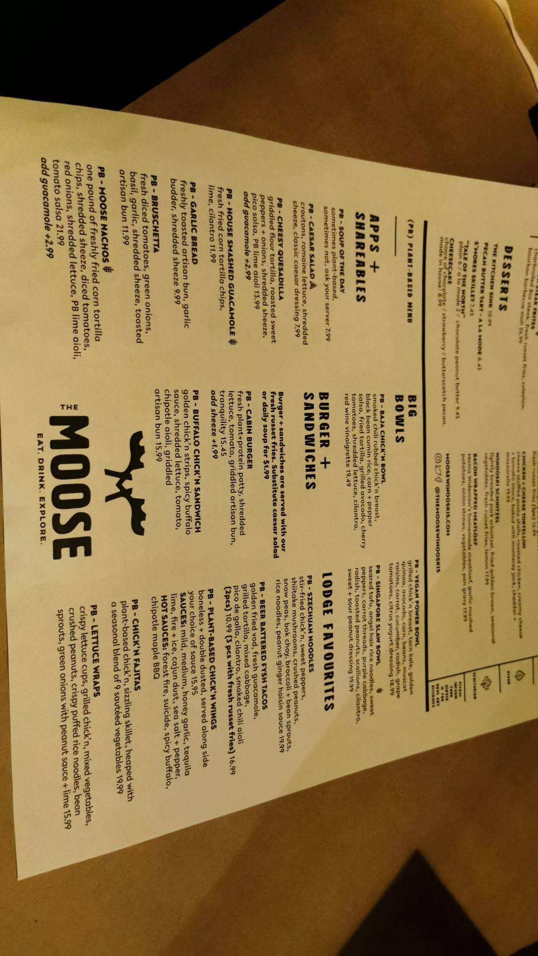 Menu at Moose Winooski's pub & bar, Kitchener