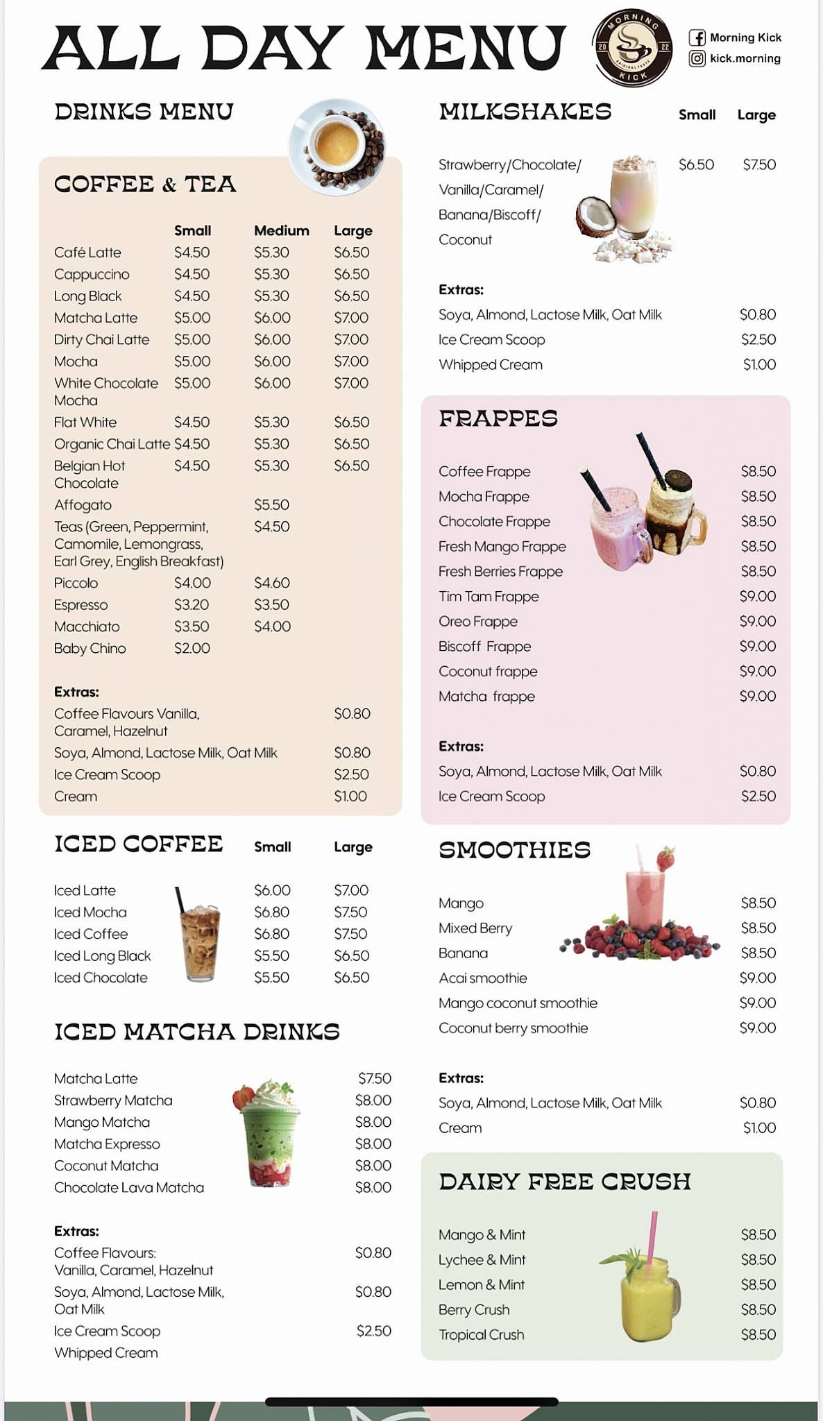 Menu at Morning kick cafe, Macquarie Fields