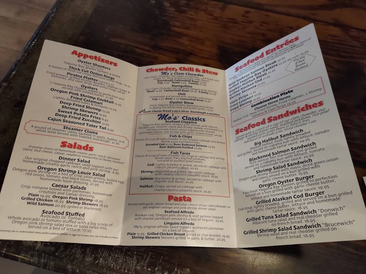 Menu at Mo's Seafood & Chowder restaurant, Newport, The Original Mo's