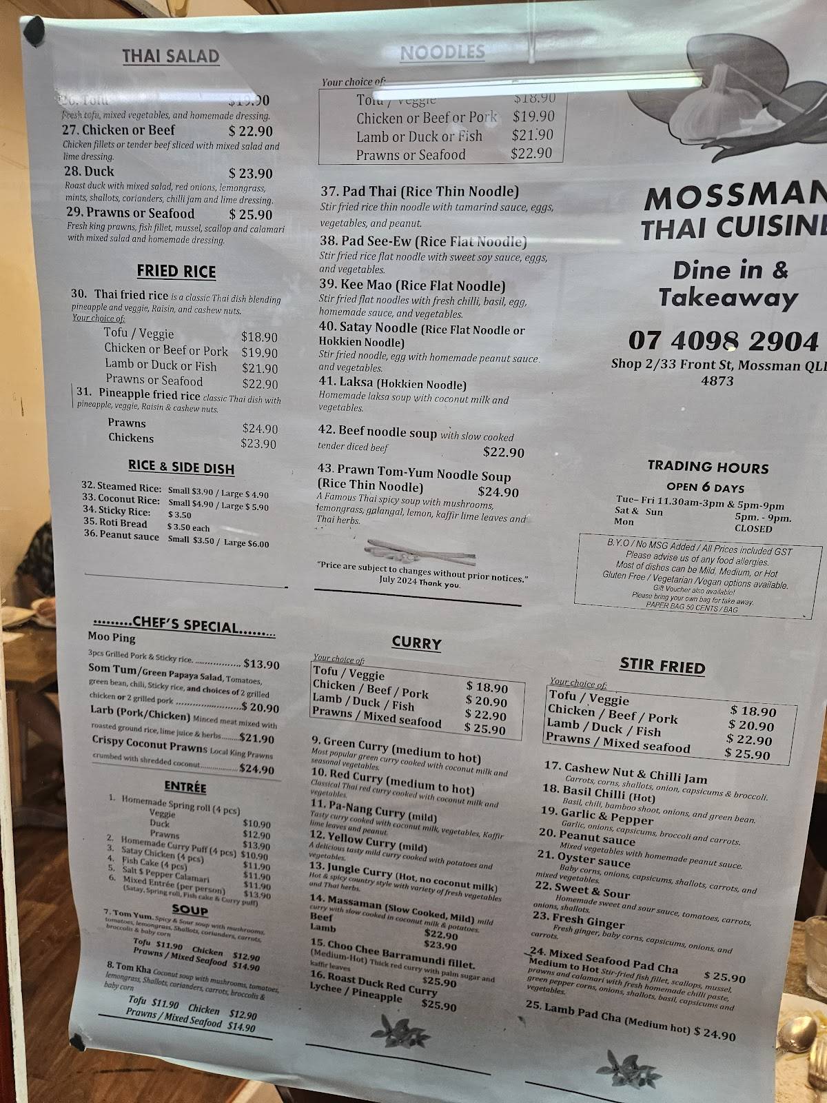 Menu at Mossman Thai Cuisine restaurant, Mossman, 2/33 Front St