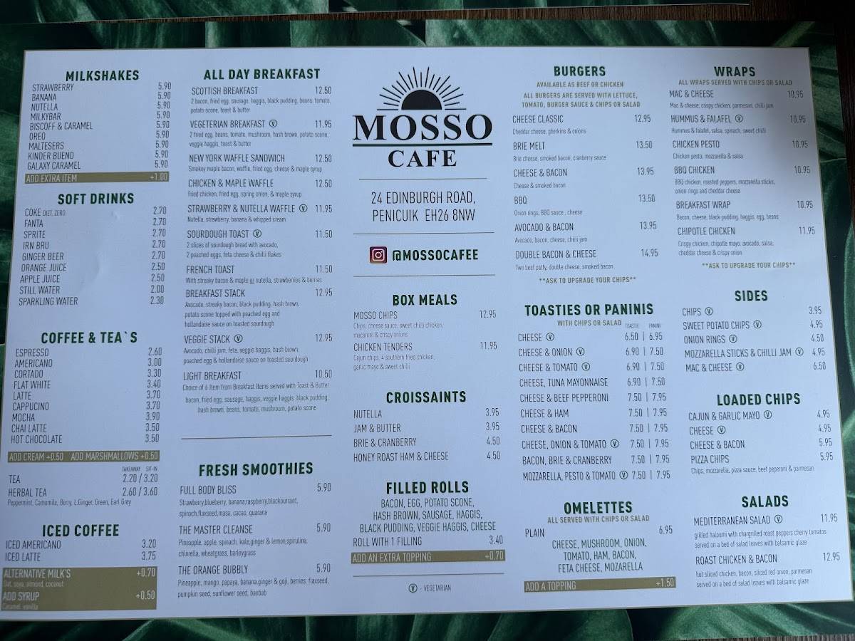 Menu at Mosso Cafe, Penicuik