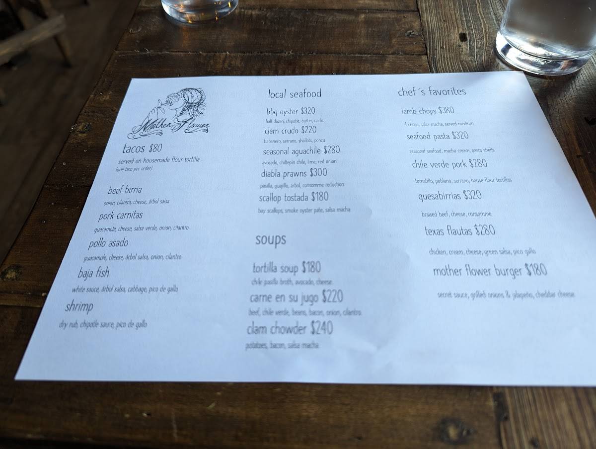 Menu at Mother Flower restaurant, Cabo San Lucas