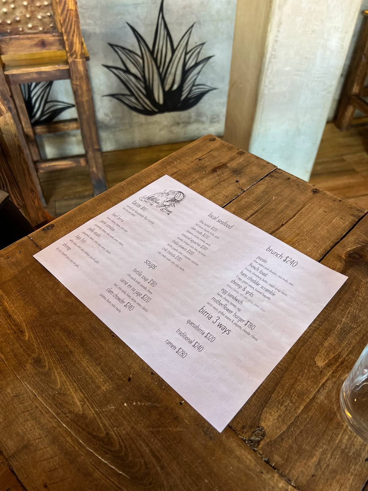 Menu at Mother Flower restaurant, Cabo San Lucas