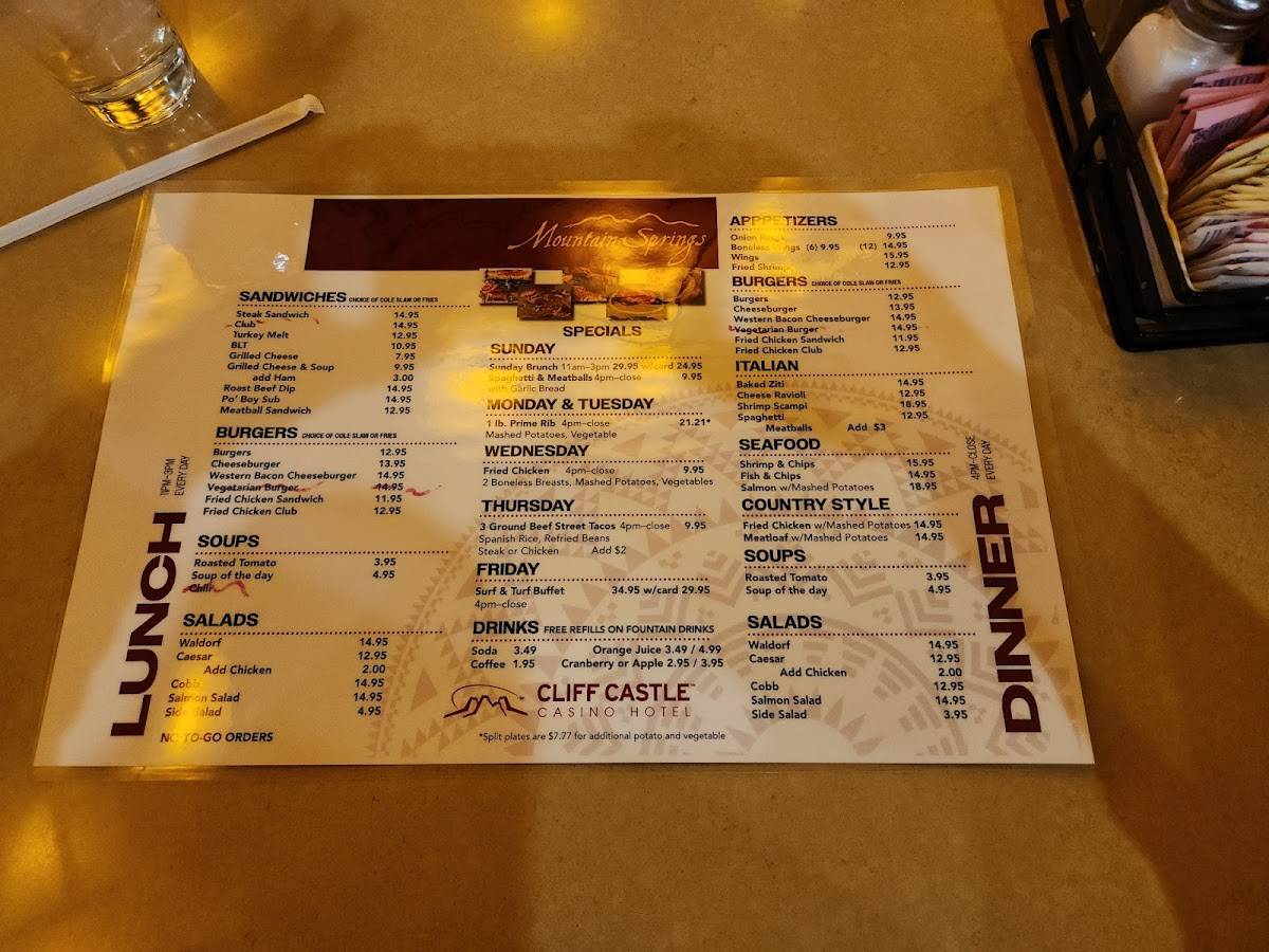 Menu at Mountain Springs Buffet restaurant, Camp Verde
