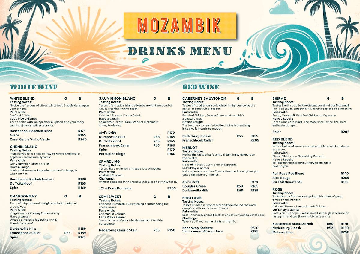 Menu at Mozambik Bloubergstrand restaurant, Cape Town