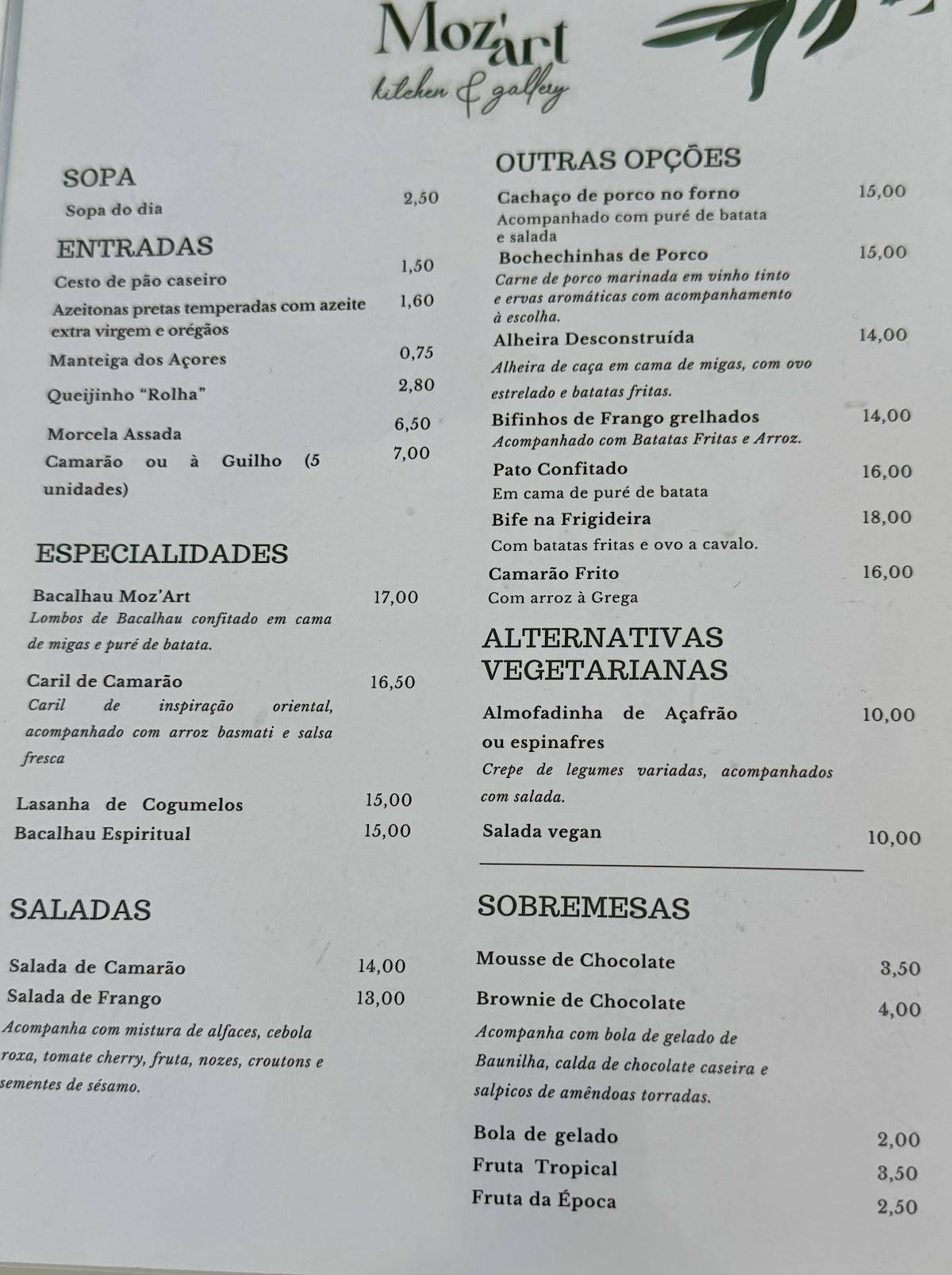Menu em Moz'art kitchen and gallery restaurante, Porto de Mós