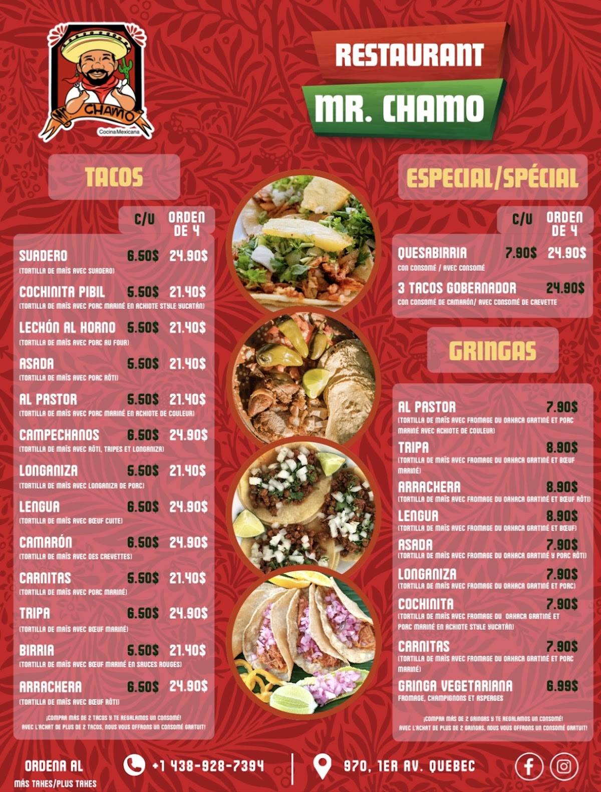 Menu at Mr. Chamo Mexican cuisine restaurant, Québec City