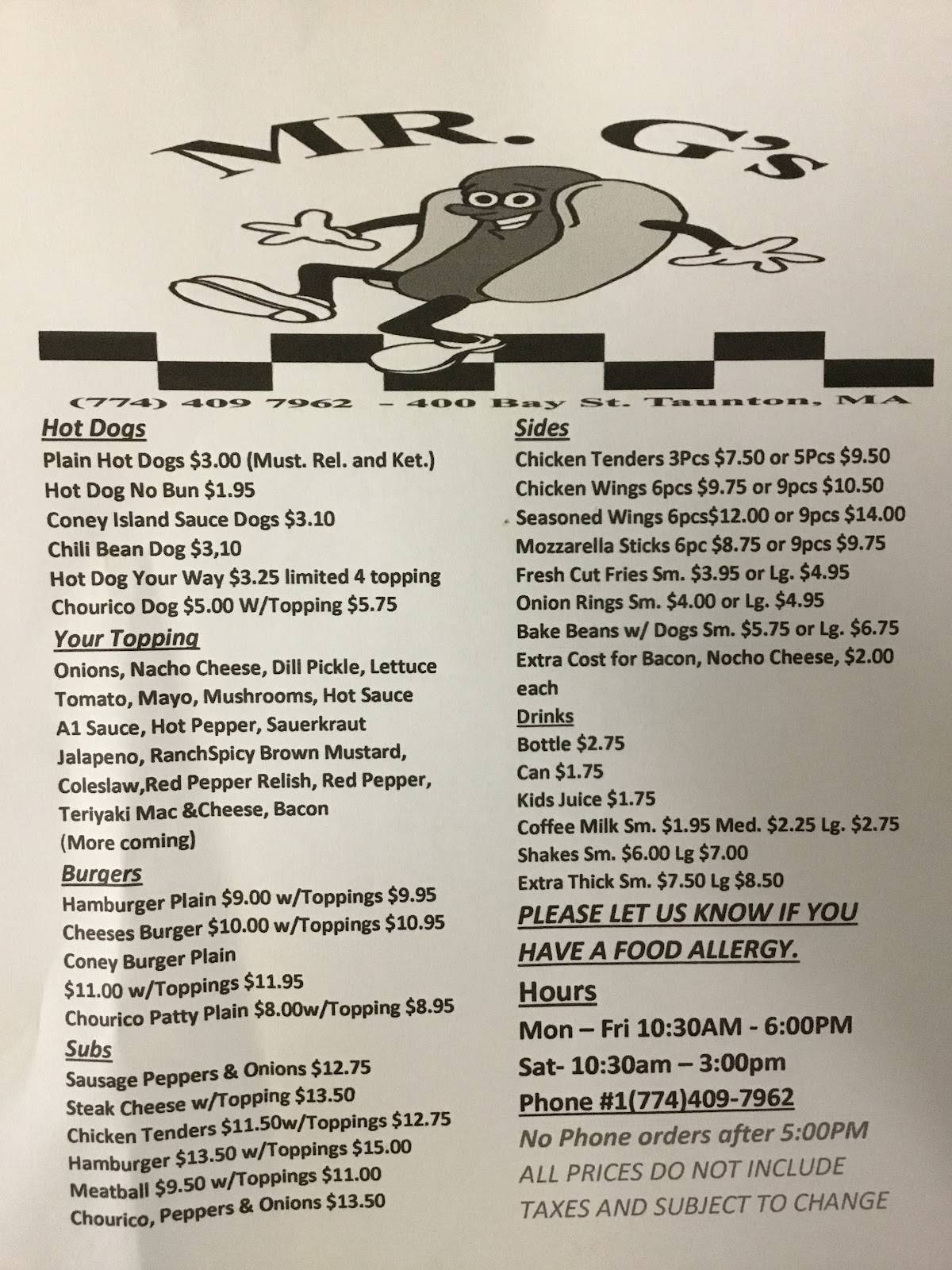 Menu at Mr G's Hot Dog Connection restaurant, Taunton