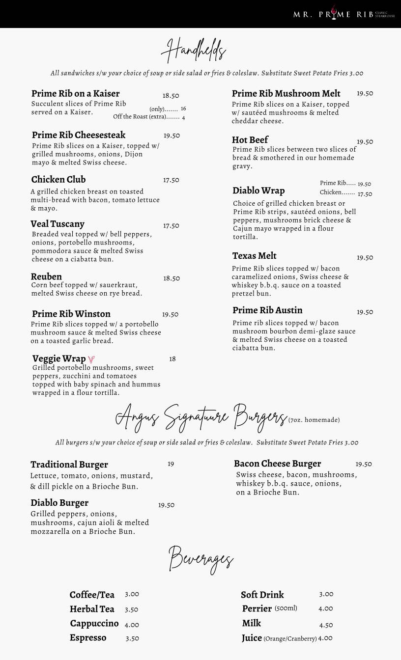 Menu at Mr Prime Rib steakhouse, Sudbury