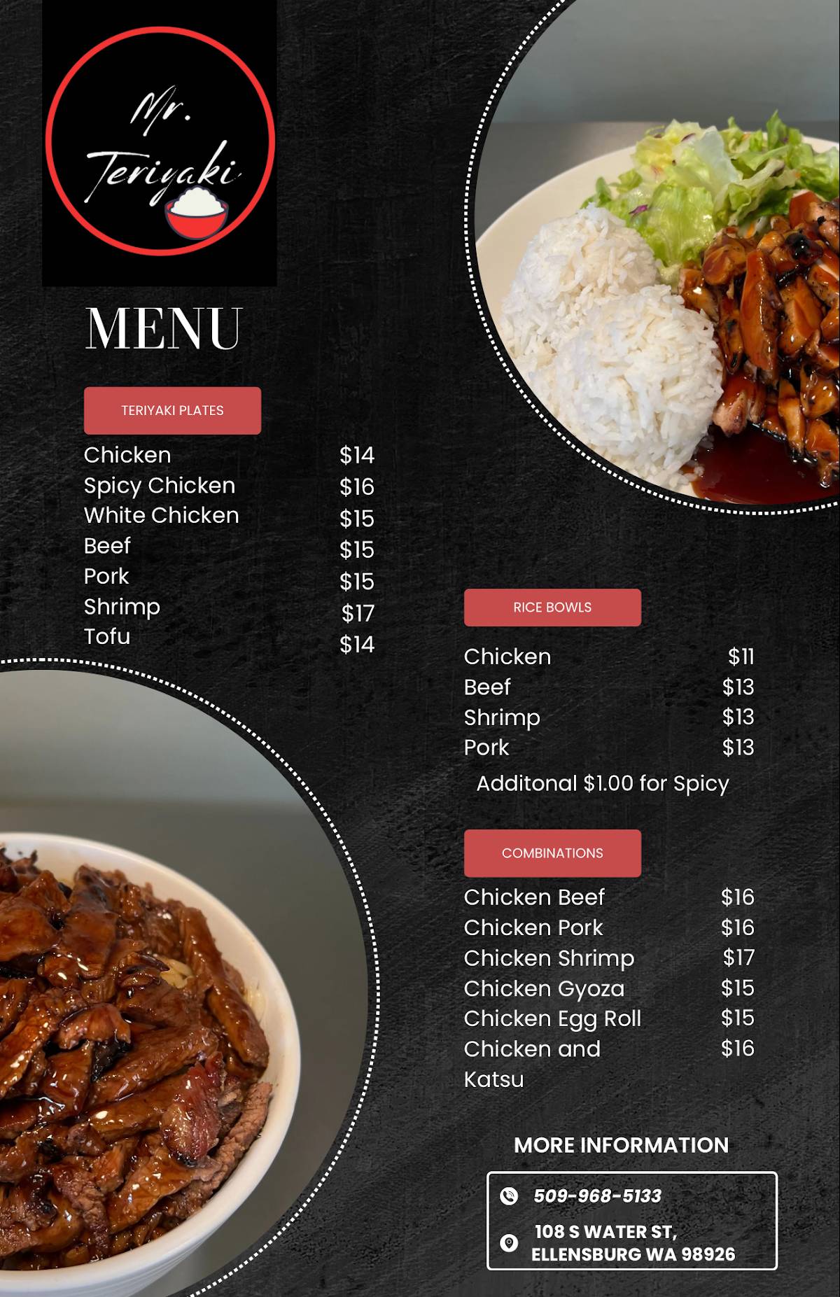 Menu at Mr. Teriyaki restaurant, Ellensburg