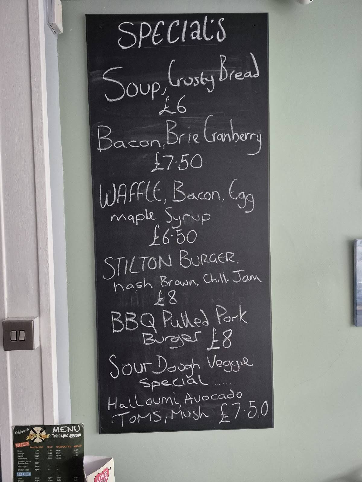 Menu at Mrs O's cafe, Chard