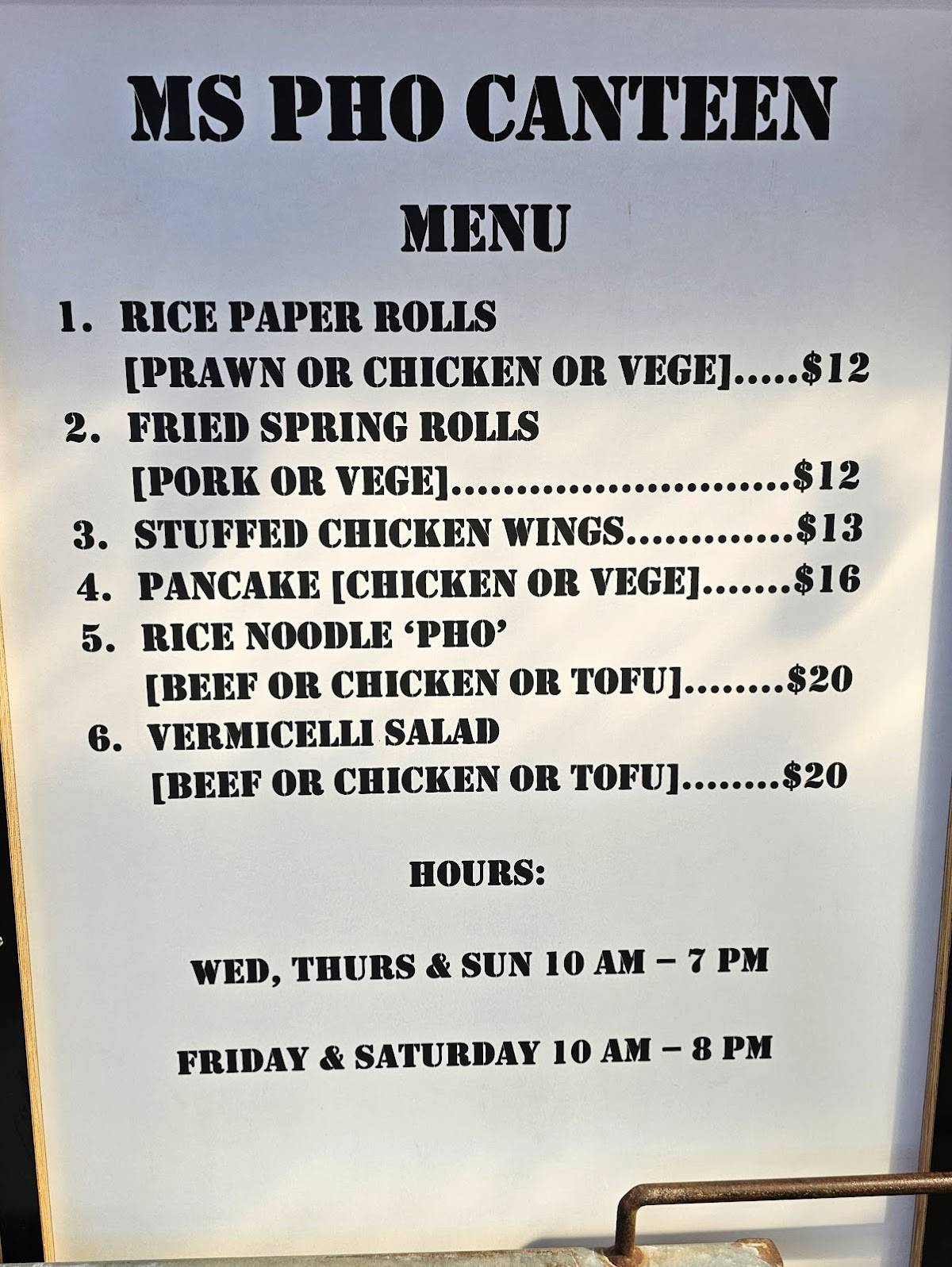 Menu at Ms Pho Canteen restaurant, Bowral