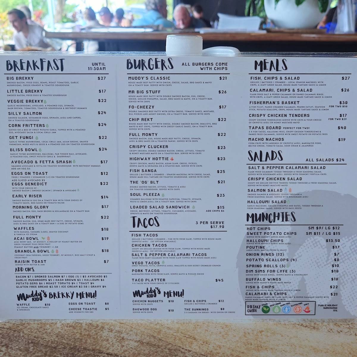 Menu at Muddy's Cafe, Cairns City