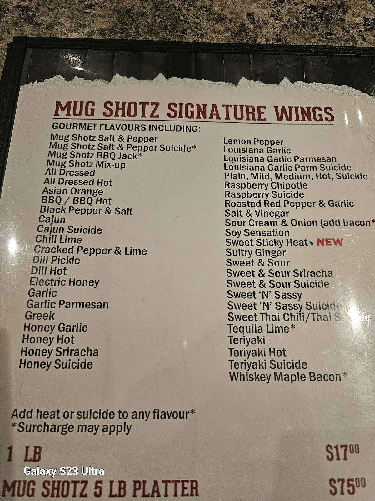 Carta de Mug Shotz Sports Bar & Grill, Calgary