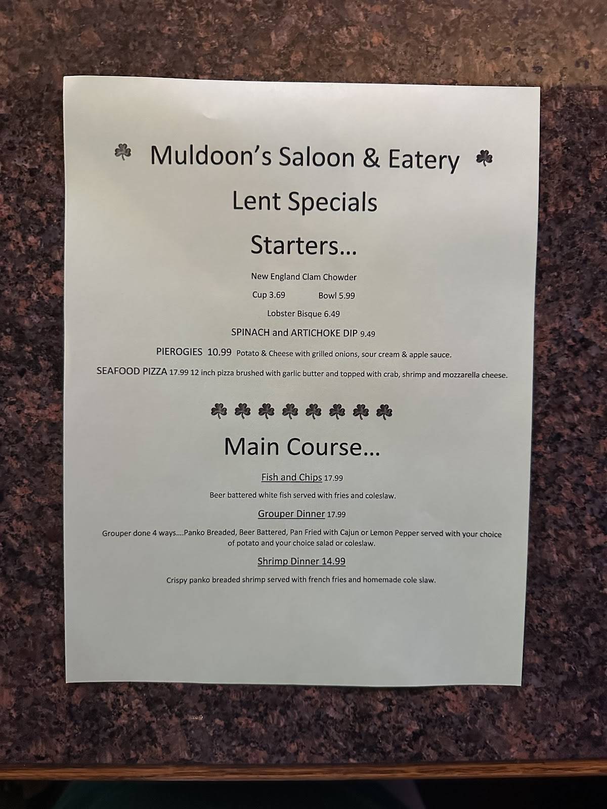 Menu at Muldoon's Saloon & Eatery pub & bar, Cleveland