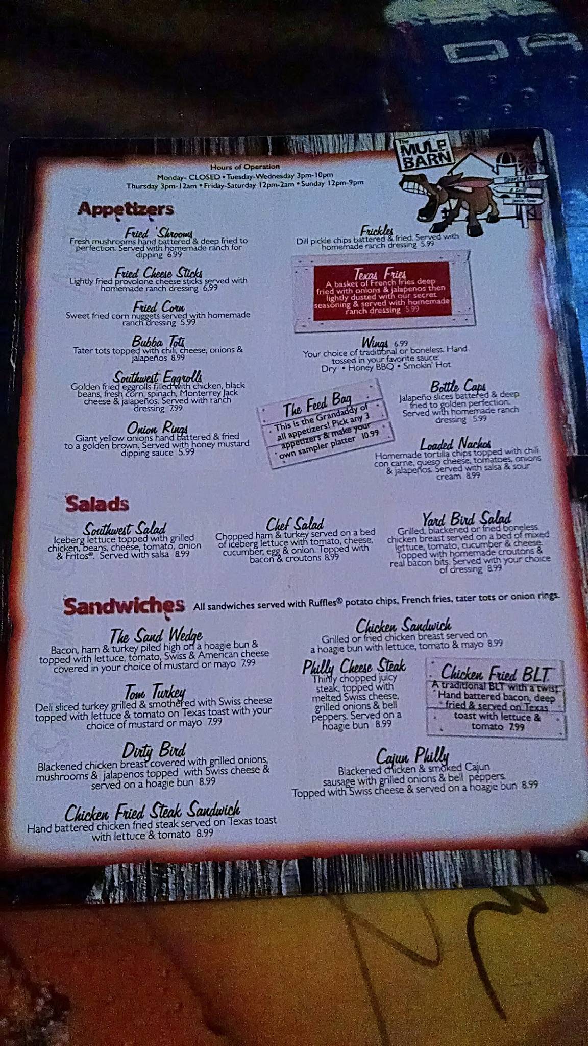 Menu at Mule Barn Sports Bar & Grill, Justin