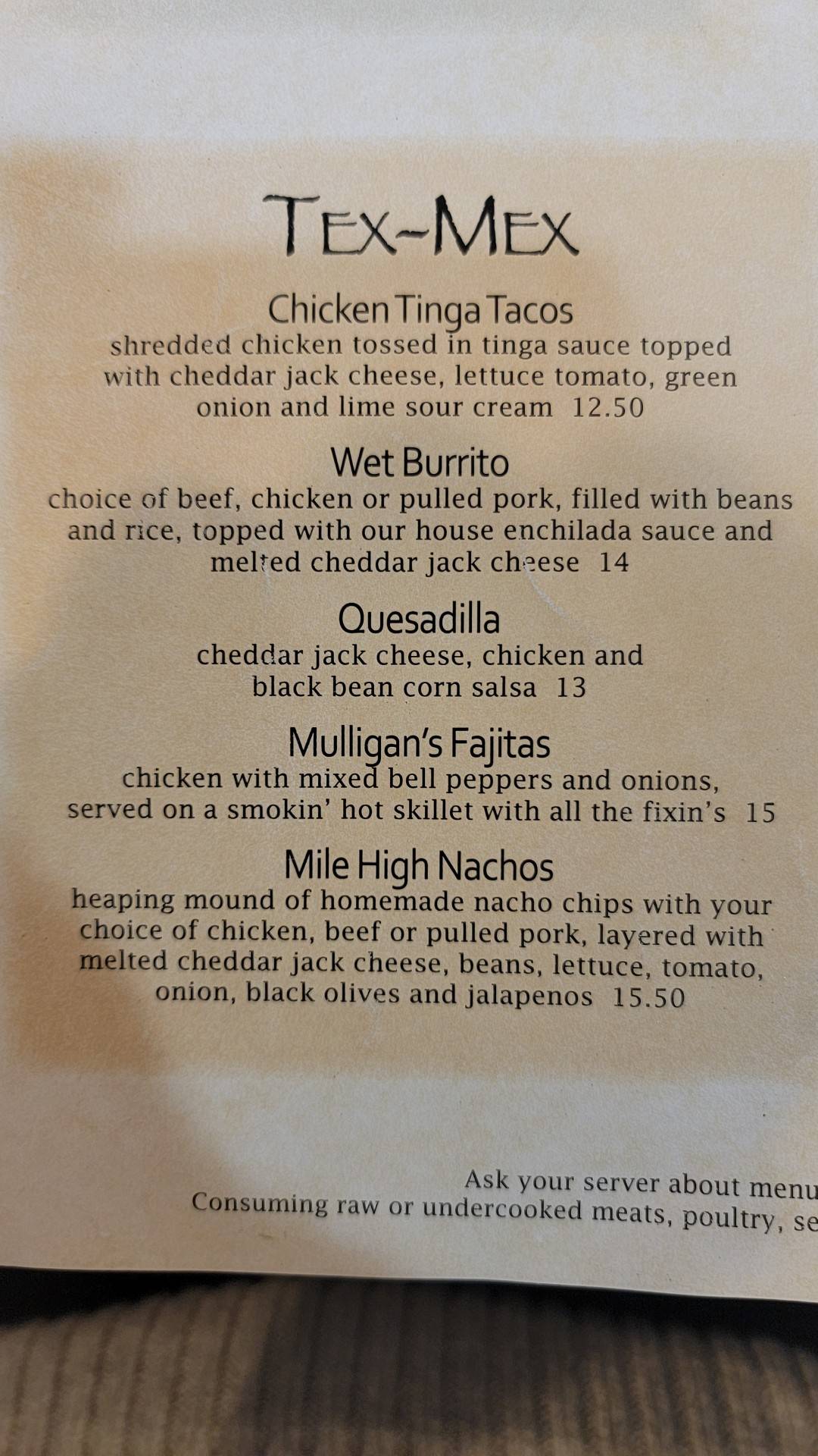 Menu at Mulligan's Restaurant, Cheboygan