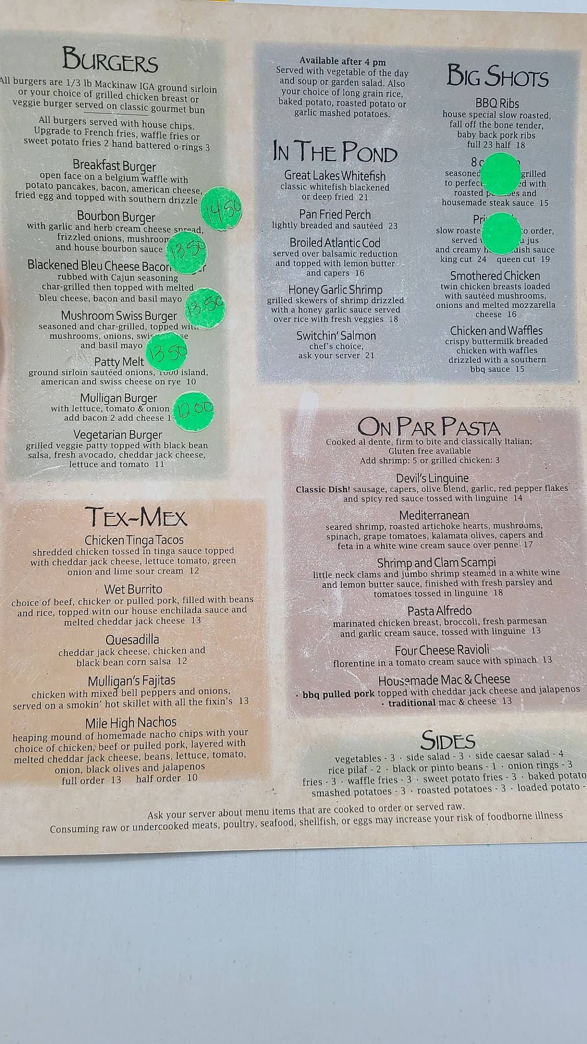 Menu at Mulligan's Restaurant, Cheboygan