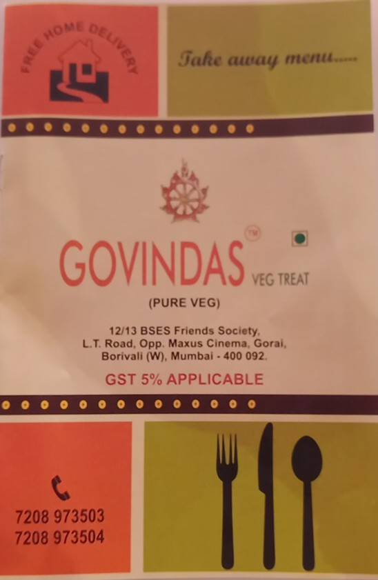 Menu at Govindas Veg Treat, Mumbai, 12/13 BSES Friends Society Gorai LT ...