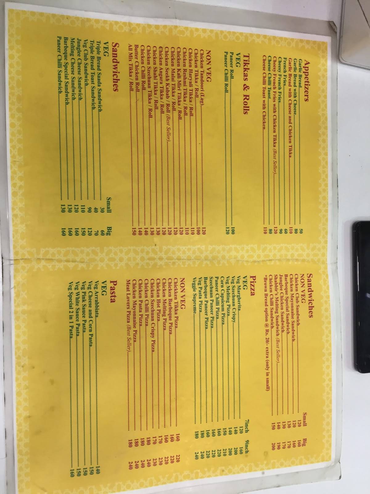 Menu at Shabbir's Tawakkal Sweets, Mumbai