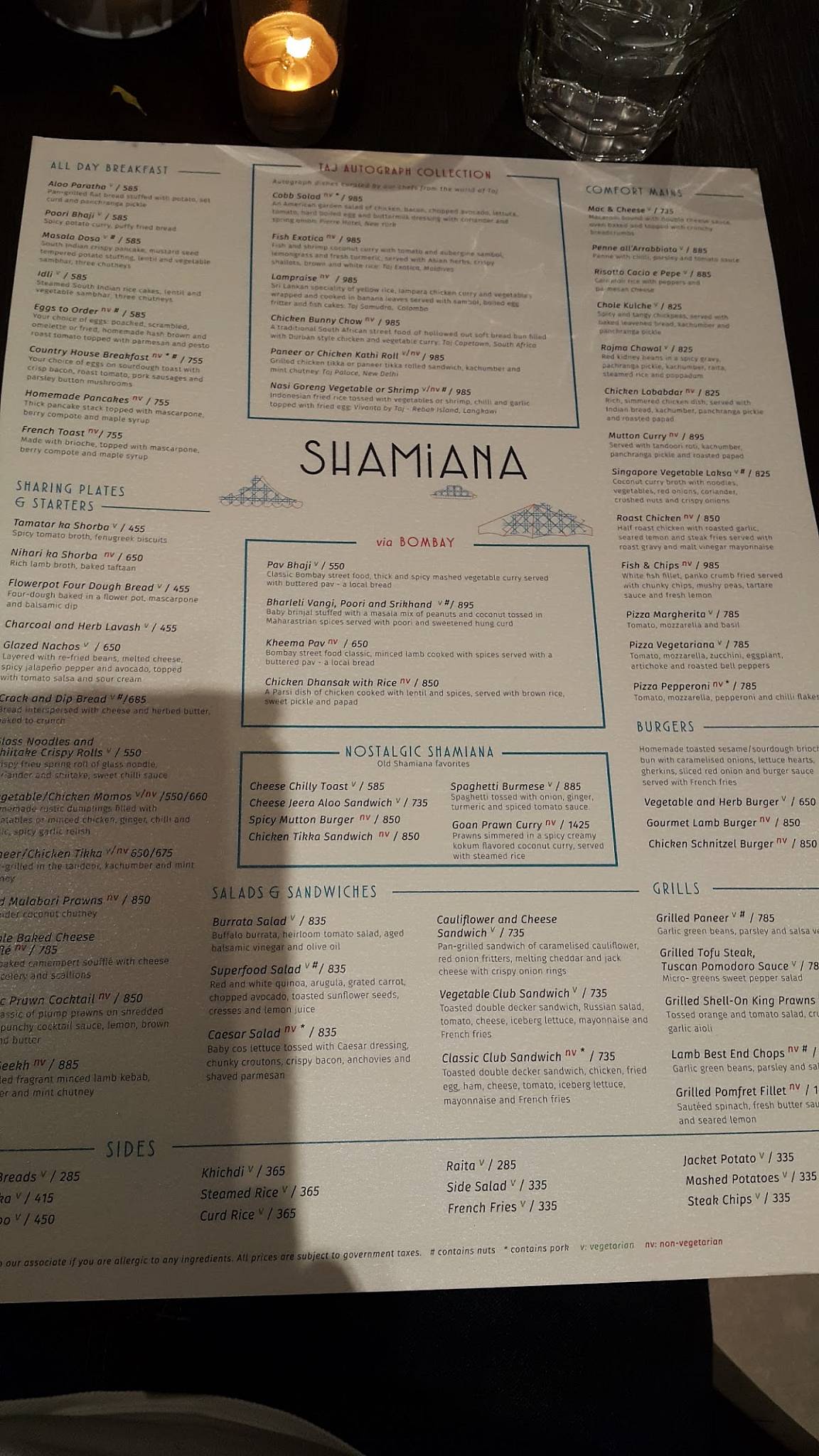 Menu at Shamiana, Mumbai, The Taj Mahal Palace Hotel