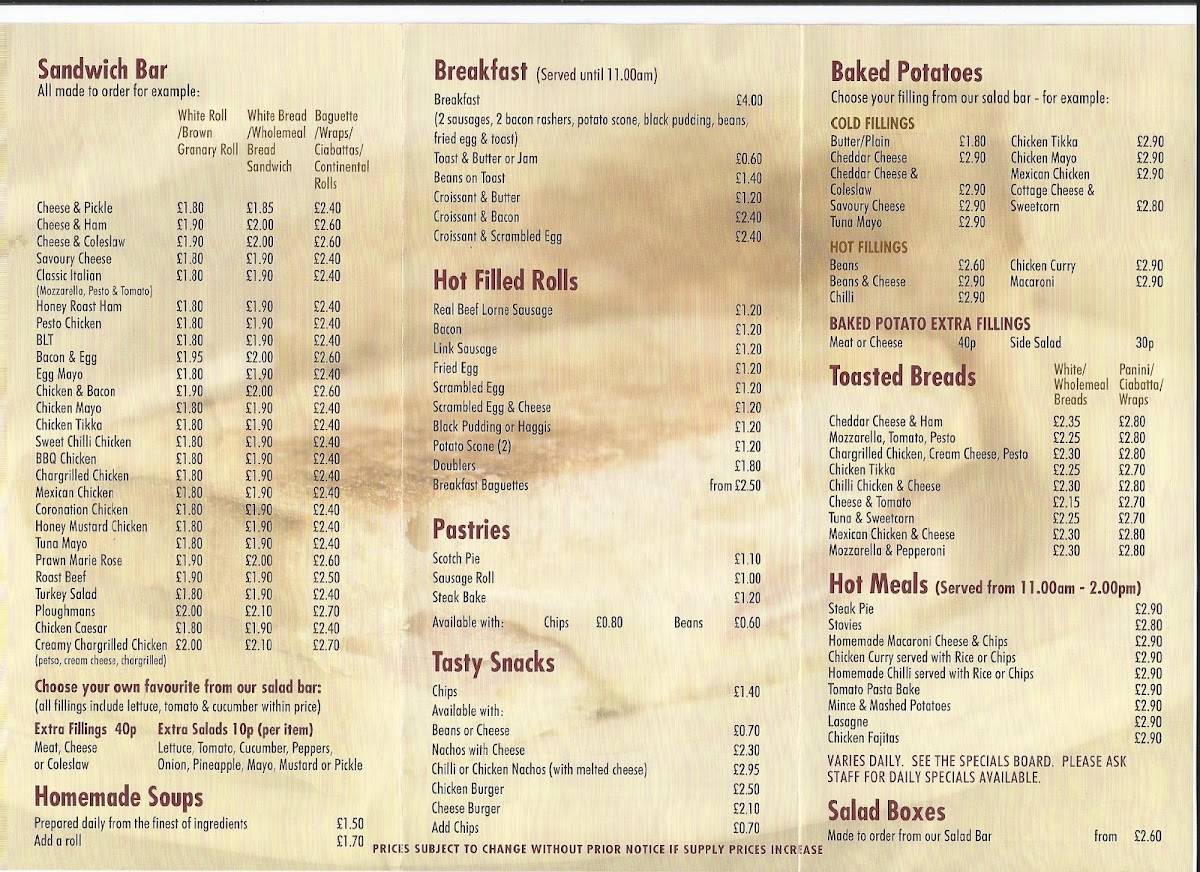 Menu at Munchees cafe, Larbert