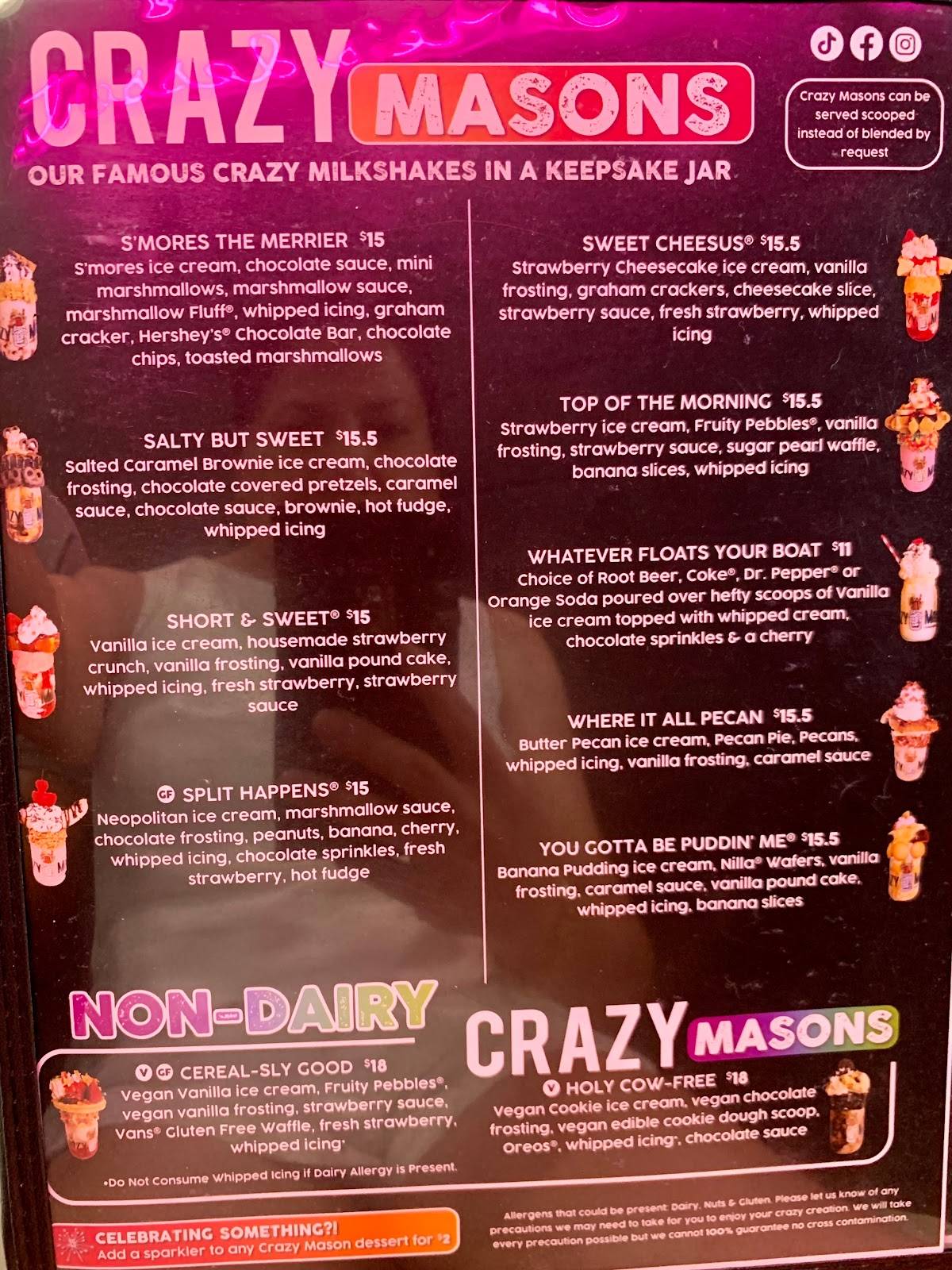 Menu at The Crazy Mason Milkshake Bar, Myrtle Beach